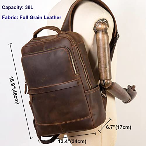 PAHVRION Vintage Genuine Leather 15.6 Inch Laptop Backpack, Hiking Travel Bag Anti Theft Camping Daypack School College Bookbag