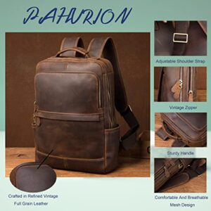 PAHVRION Vintage Genuine Leather 15.6 Inch Laptop Backpack, Hiking Travel Bag Anti Theft Camping Daypack School College Bookbag