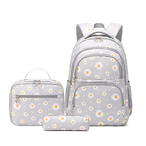 Daisy-Print 3Pcs School Bag Backpack Set for Teen Girls Elementary Middle Kids Waterproof Bookbag with Lunch Bag Pencil Case