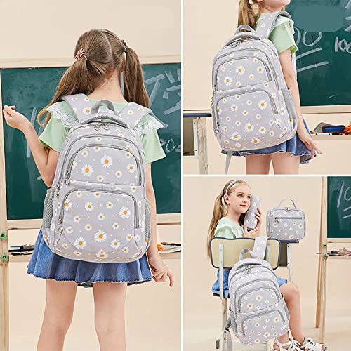 Daisy-Print 3Pcs School Bag Backpack Set for Teen Girls Elementary Middle Kids Waterproof Bookbag with Lunch Bag Pencil Case