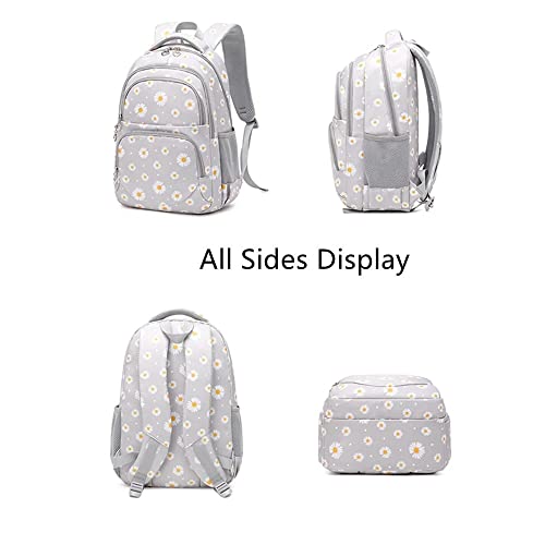 Daisy-Print 3Pcs School Bag Backpack Set for Teen Girls Elementary Middle Kids Waterproof Bookbag with Lunch Bag Pencil Case