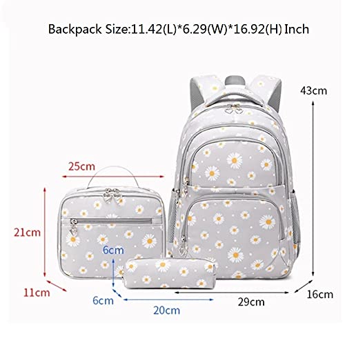 Daisy-Print 3Pcs School Bag Backpack Set for Teen Girls Elementary Middle Kids Waterproof Bookbag with Lunch Bag Pencil Case