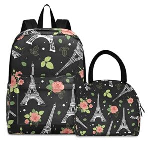 eifel tower roses backpack for girls boys backpack with lunch box school backpack set bookbag for camping laptop picnic travel backpack for men women girls boys