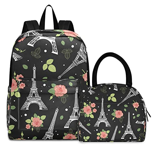 Eifel Tower Roses Backpack for Girls Boys Backpack with Lunch Box School Backpack Set Bookbag for Camping Laptop Picnic Travel Backpack for Men Women Girls Boys