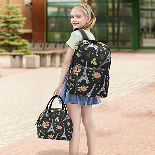 Eifel Tower Roses Backpack for Girls Boys Backpack with Lunch Box School Backpack Set Bookbag for Camping Laptop Picnic Travel Backpack for Men Women Girls Boys