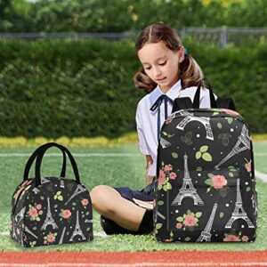 Eifel Tower Roses Backpack for Girls Boys Backpack with Lunch Box School Backpack Set Bookbag for Camping Laptop Picnic Travel Backpack for Men Women Girls Boys