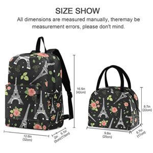 Eifel Tower Roses Backpack for Girls Boys Backpack with Lunch Box School Backpack Set Bookbag for Camping Laptop Picnic Travel Backpack for Men Women Girls Boys