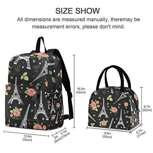 Eifel Tower Roses Backpack for Girls Boys Backpack with Lunch Box School Backpack Set Bookbag for Camping Laptop Picnic Travel Backpack for Men Women Girls Boys