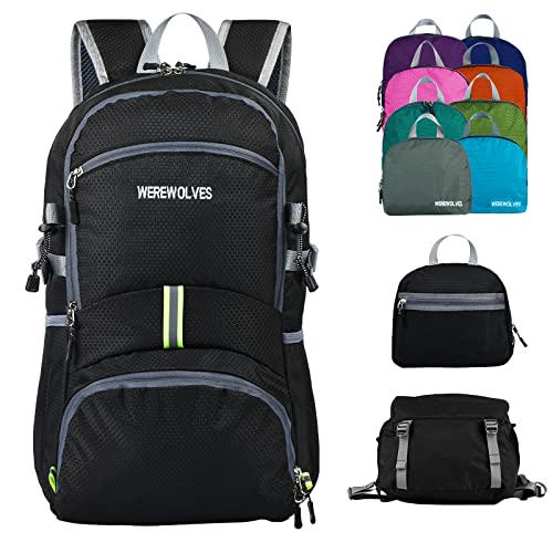 WEREWOLVES 35L Ultralight Hiking Backpack, Lightweight Foldable Water Resistant Outdoor Sports Travel Daypack for Women Men (black, 35L)