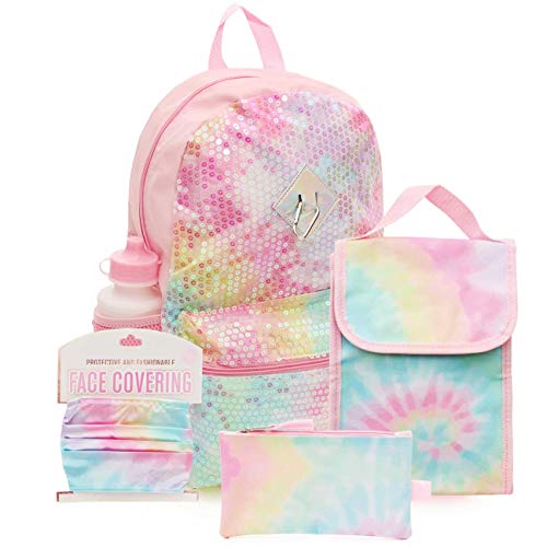 LOVE2DESIGN Sequin Tie Dye Backpack Set for Girls, 16 inch, 6 Pieces - Includes Washable Cloth Face Mask, Foldable Lunch Bag, Water Bottle, Pencil Case, & Carabiner Clip