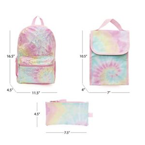 LOVE2DESIGN Sequin Tie Dye Backpack Set for Girls, 16 inch, 6 Pieces - Includes Washable Cloth Face Mask, Foldable Lunch Bag, Water Bottle, Pencil Case, & Carabiner Clip