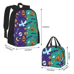 2pcs Backpack Set for Boys, Halloween pumpkin Backpacks and Lunch Box for Girl Elementary Bags Teens Bookbags