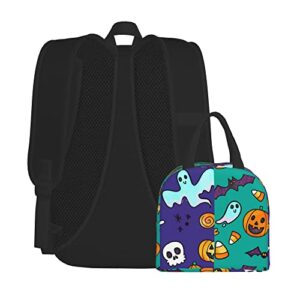 2pcs Backpack Set for Boys, Halloween pumpkin Backpacks and Lunch Box for Girl Elementary Bags Teens Bookbags