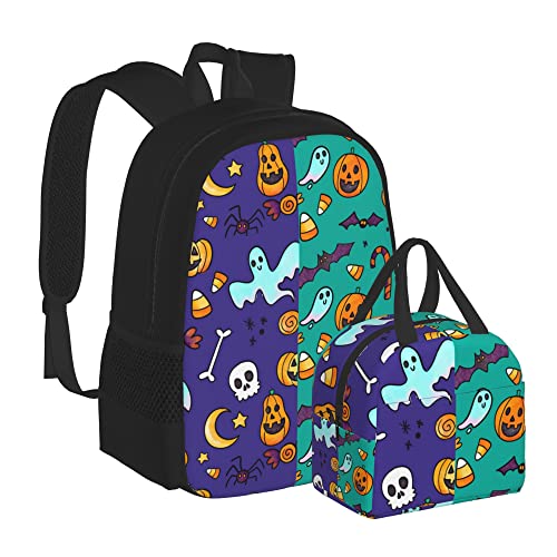 2pcs Backpack Set for Boys, Halloween pumpkin Backpacks and Lunch Box for Girl Elementary Bags Teens Bookbags