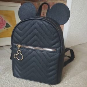 YNC Disney Mickey Mouse 3D Character Ears Faux Leather Mini Backpack Purse Zippered Black 11inch