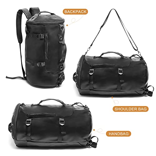 Leather Travel Duffel Bags For Men Chao Ran Black College School Student Backpack Waterproof Airplane Carry On Bags For Business 3 Usage As Handbag, A Shoulder Bag And Backpack