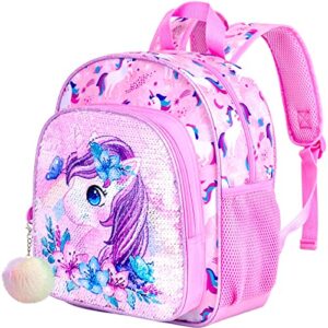 KLFVB Toddler Backpack for Girls,Cute Unicorn Bookbag for Little Kids,12” Sequin Kindergarten Preschool Schoolbag