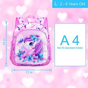 KLFVB Toddler Backpack for Girls,Cute Unicorn Bookbag for Little Kids,12” Sequin Kindergarten Preschool Schoolbag