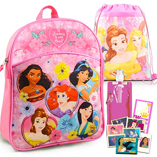 Disney Princess Mini Backpack and Drawstring Bag for Girls - Bundle with 11” Disney Princess Mini Backpack, Drawstring Bag, Water Bottle, Stickers, More | Princess Backpack for Girls