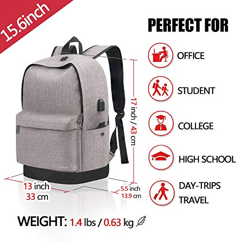 Kids School Backpack, Classic Basic Kids Backpacks 15.6 inch Laptop Bookbag with USB Charging Port Lightweight Casual Daypack Water Resistant Travel Bookbag Student Backpack for Teens Boys Girls, Grey