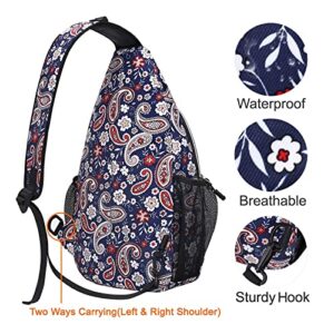 MOSISO Sling Backpack,Travel Hiking Daypack Pattern Rope Crossbody Shoulder Bag, Navy Blue Base Cashew