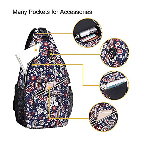 MOSISO Sling Backpack,Travel Hiking Daypack Pattern Rope Crossbody Shoulder Bag, Navy Blue Base Cashew