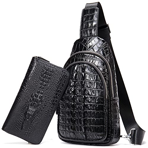 Crocodile Leather Sling Bag, Cool Man Bags One Shoulder Backpack for Men and Women Black