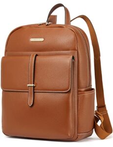 bostanten leather laptop backpack for women large capacity 15.6 inch computer bag casual college daypack travel bag brown