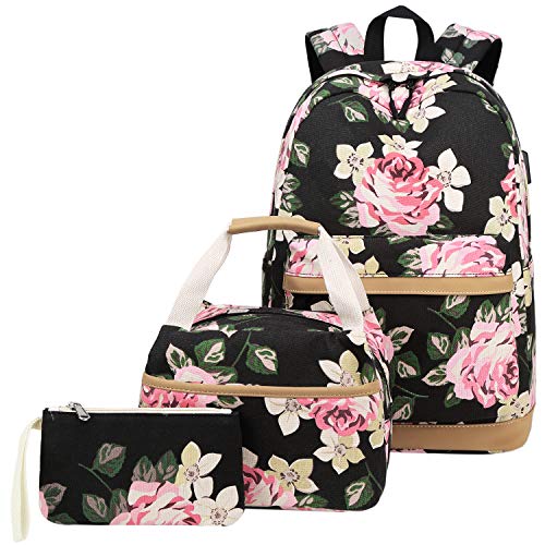 Canvas School Backpack Teens Backpack School Bag Backpack for School Book Bag set (Floral-black)