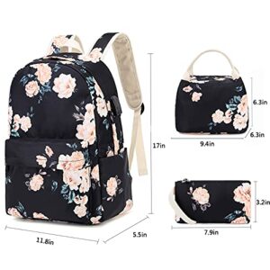 Natayoo Floral School Backpack for Girls Women, Water Resistant Laptop Backpack with USB Charging Port and Headphone Interface, College Bookbag with Lunch Bag and Pencil Bag, Floral-2, Large