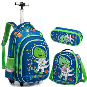 rolling backpacks for girls, boys backpack trolley bag, kids wheeled backpack with lunch bag pencil case cartoon printed primary school bag set 16 inch pupils satchel rolling backpack for children students