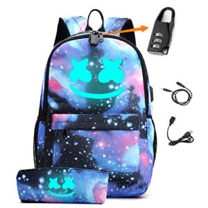 piesweety smily luminous laptop backpack with usb charging port lock pencil case for birthday gift, bookbag travel daypack(galaxy)