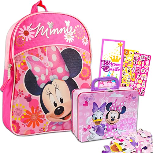 Disney Minnie Mouse Backpack and Lunch Box Bundle Set for Preschool Toddlers ~ Deluxe 11" Minnie Mouse Mini Backpack, Minnie Lunch Tin with 24 Pc Puzzle, Stickers (Minnie Mouse School Supplies)