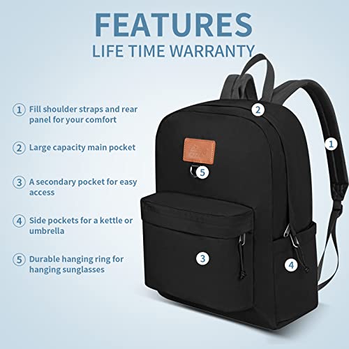 SIMTOP Casual Daypack Backpacks School Bookbag, Lightweight Travel Backpack Durable Polyester Fabric for School Work Travel, YKK Zipper Water Resistant Daypack.Black Backpacks