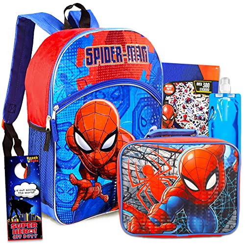 Marvel Spiderman Backpack With Lunch Box ~ 5 Pc Back to School Bundle With 16" Spiderman School Bag For Boys, Girls, Kids, Lunch Bag, Water Bottle, And More