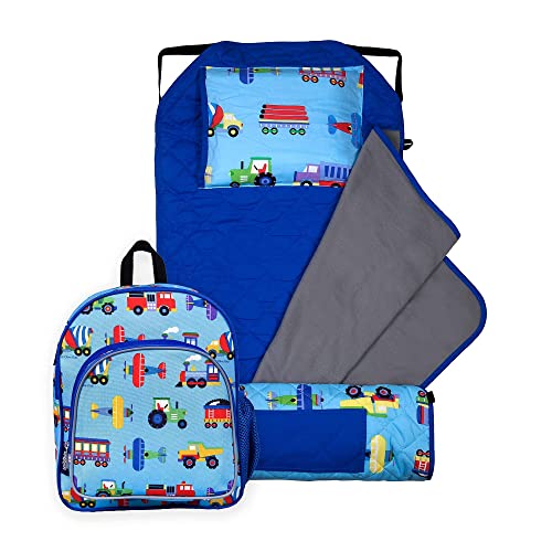 Wildkin 12 Inch Kids Backpack with Modern Nap Mat (Trains, Planes & Trucks)