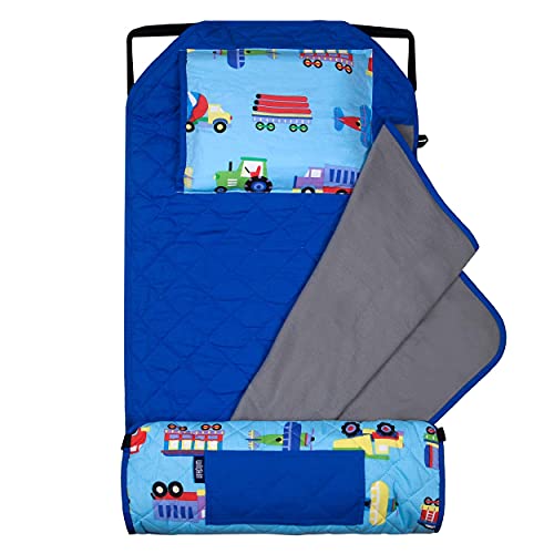 Wildkin 12 Inch Kids Backpack with Modern Nap Mat (Trains, Planes & Trucks)