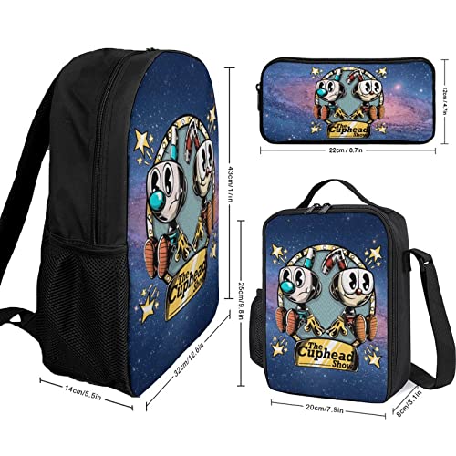 Cartoon 3 Piece Backpack Set Laptop Rucksack & Insulated Lunch Bag & Pencil Case 3 in 1 Gifts for Boys Girls