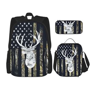 3 piece set backpacks usa camo buck deer hunting american flag book bag travel camping work school bag pencil case lunch bag combination for men women boys girls one size