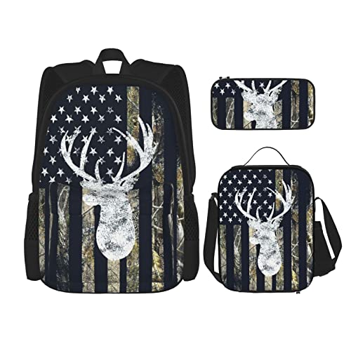 3 Piece Set Backpacks USA Camo Buck Deer Hunting American Flag Book Bag Travel Camping Work School Bag Pencil Case Lunch Bag Combination For Men Women Boys Girls One Size