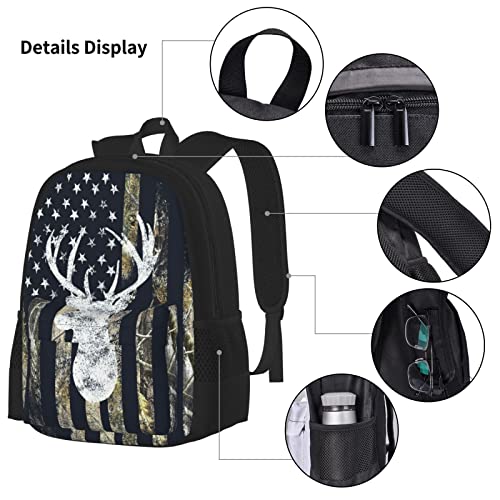 3 Piece Set Backpacks USA Camo Buck Deer Hunting American Flag Book Bag Travel Camping Work School Bag Pencil Case Lunch Bag Combination For Men Women Boys Girls One Size