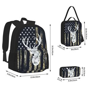 3 Piece Set Backpacks USA Camo Buck Deer Hunting American Flag Book Bag Travel Camping Work School Bag Pencil Case Lunch Bag Combination For Men Women Boys Girls One Size