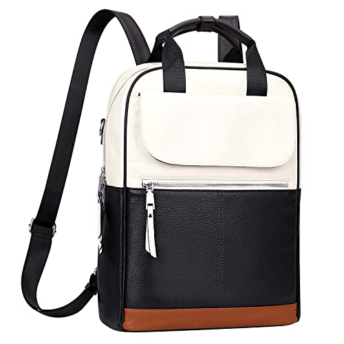 ALTOSY Leather Laptop Backpack for Women Men Convertible Tote Bag Purse Travel Daypack Fits 14 Inch (S110 Black/White/Brown)