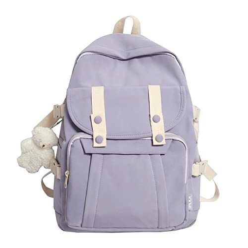 Aesthetic Backpack with Bear Plushies Gentle Light Colored Backpack for School Teen Girls Cute Accessories Backpack (Baby Purple)