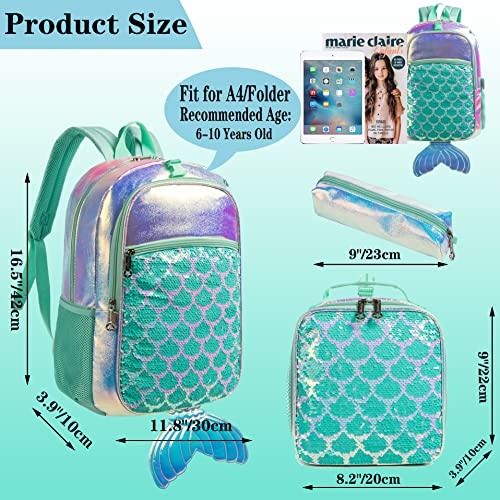 Backpack for Girls Mermaid Magic Sequin School Bag with Lunch Box Girls Backpack Set for Elementary Preschool Bookbag