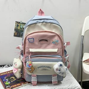 KOWVOWZ Kawaii Backpack for Teen Girls Student Bookbags with Cute pin and bear plush pendant harajuku school nylon waterproof (blue)