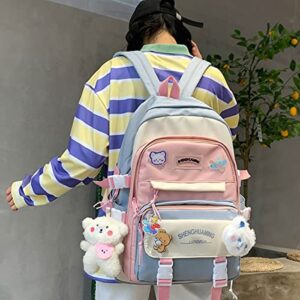 KOWVOWZ Kawaii Backpack for Teen Girls Student Bookbags with Cute pin and bear plush pendant harajuku school nylon waterproof (blue)