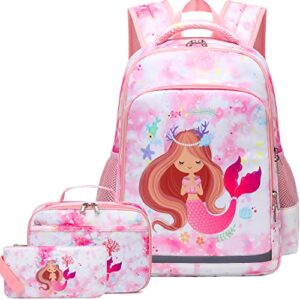 aimeen backpack for girls mermaid backpack with lunch bag pencil box 3 in 1 sets for age 3+ children teen elementary lightweight school bags