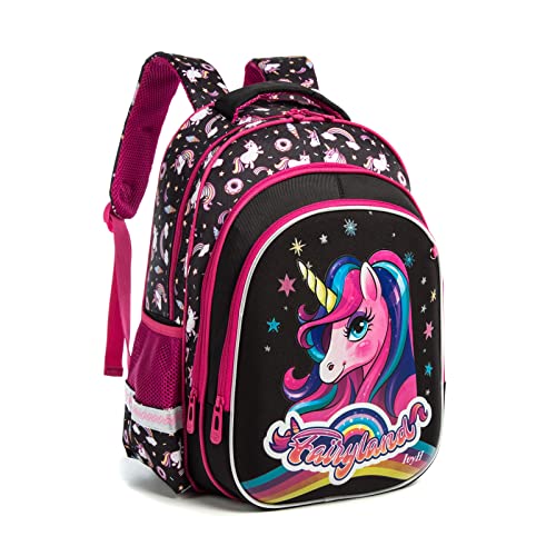 Tanou 2022 Kids Backpacks for Girls, 16'' Lightweight Breathable School Backpack, Cute Bookbags with Reflective Strip for Children 5-12 Years, Black Unicorn