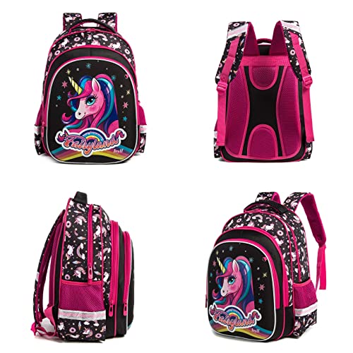 Tanou 2022 Kids Backpacks for Girls, 16'' Lightweight Breathable School Backpack, Cute Bookbags with Reflective Strip for Children 5-12 Years, Black Unicorn